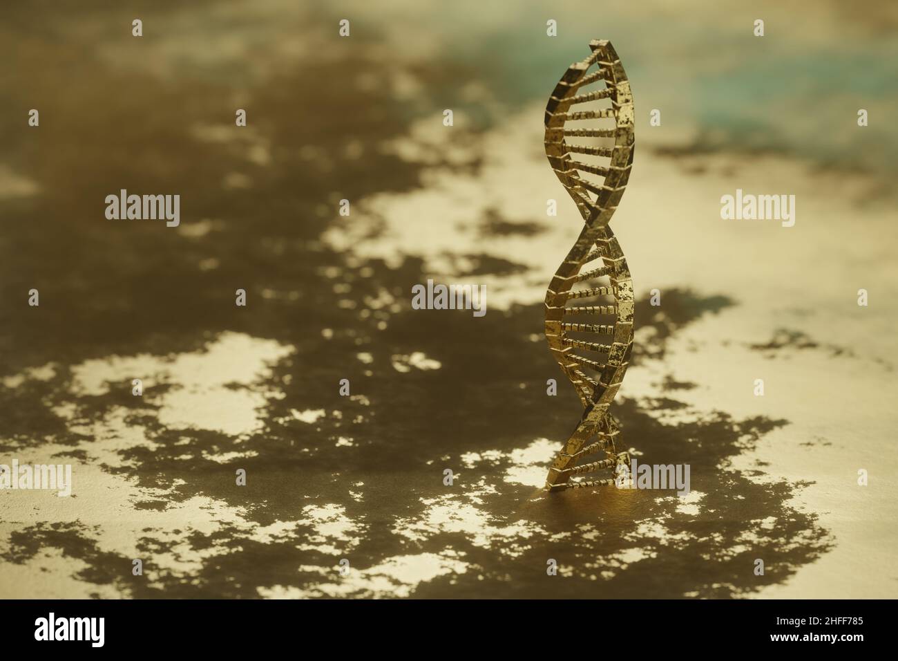 Golden DNA molecule complex spiral structure on a gold background ...