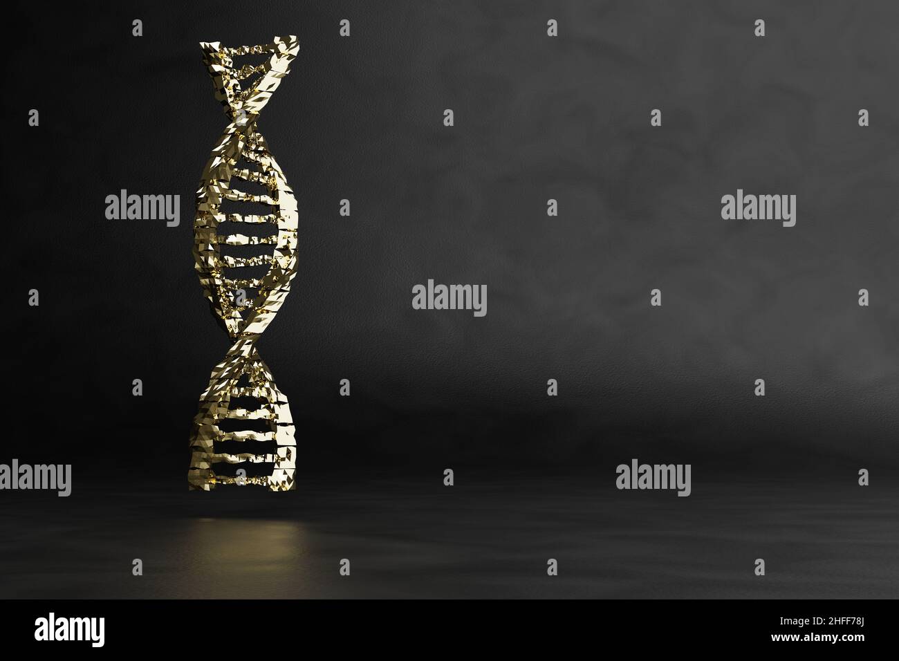 Golden DNA molecule complex spiral structure on a black background ...