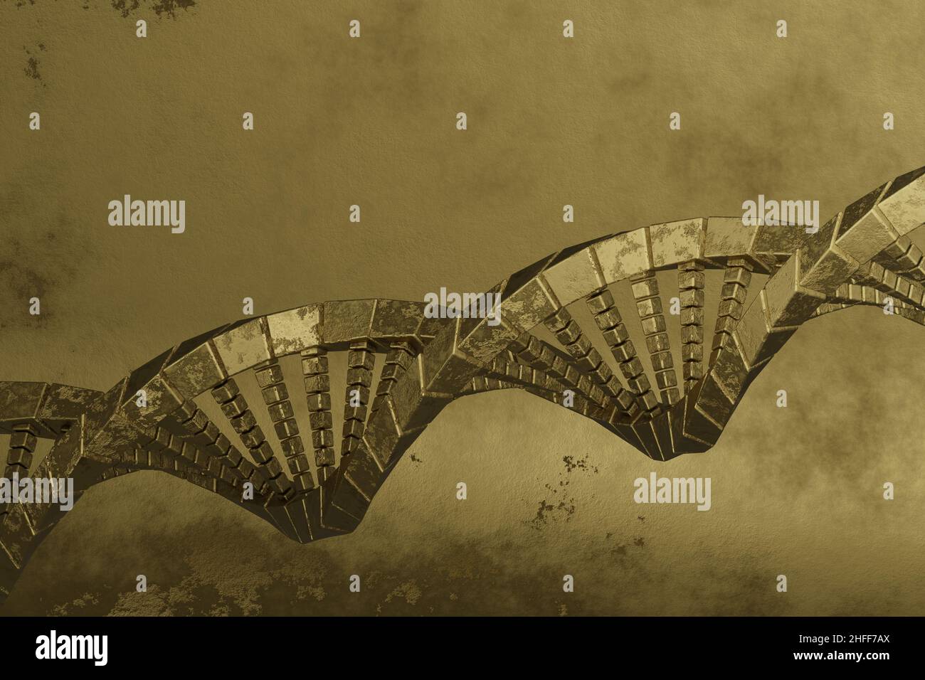 Golden DNA molecule complex spiral structure on a gold background ...