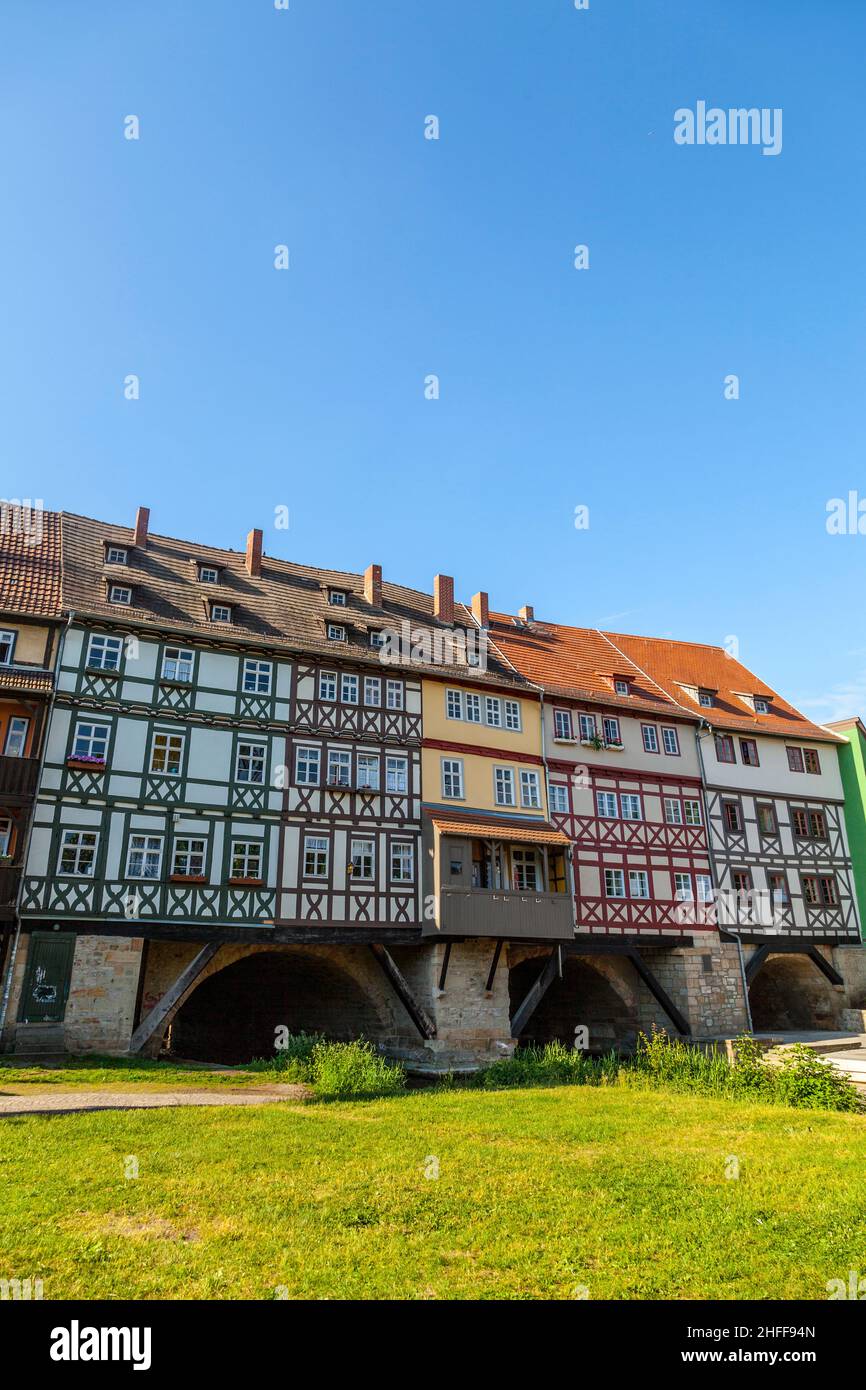 Houses on Kraemerbruecke - Merchants Bridge in Erfurt, Germany. Two ...