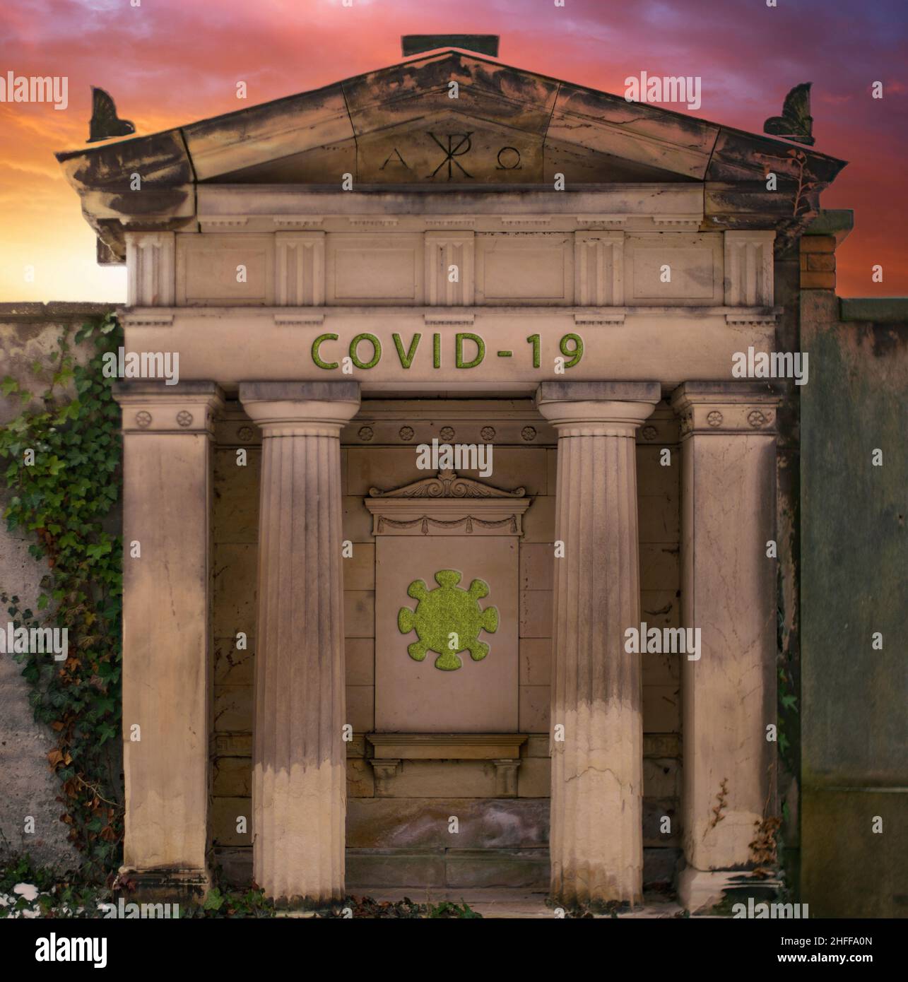 Grave crypt with inscription coronavirus covid 19. Architecture in ...