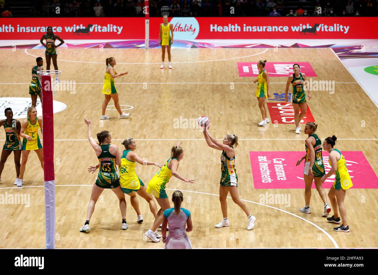 South Africa's Lefebre Rademan takes a shot during the Netball Quad ...