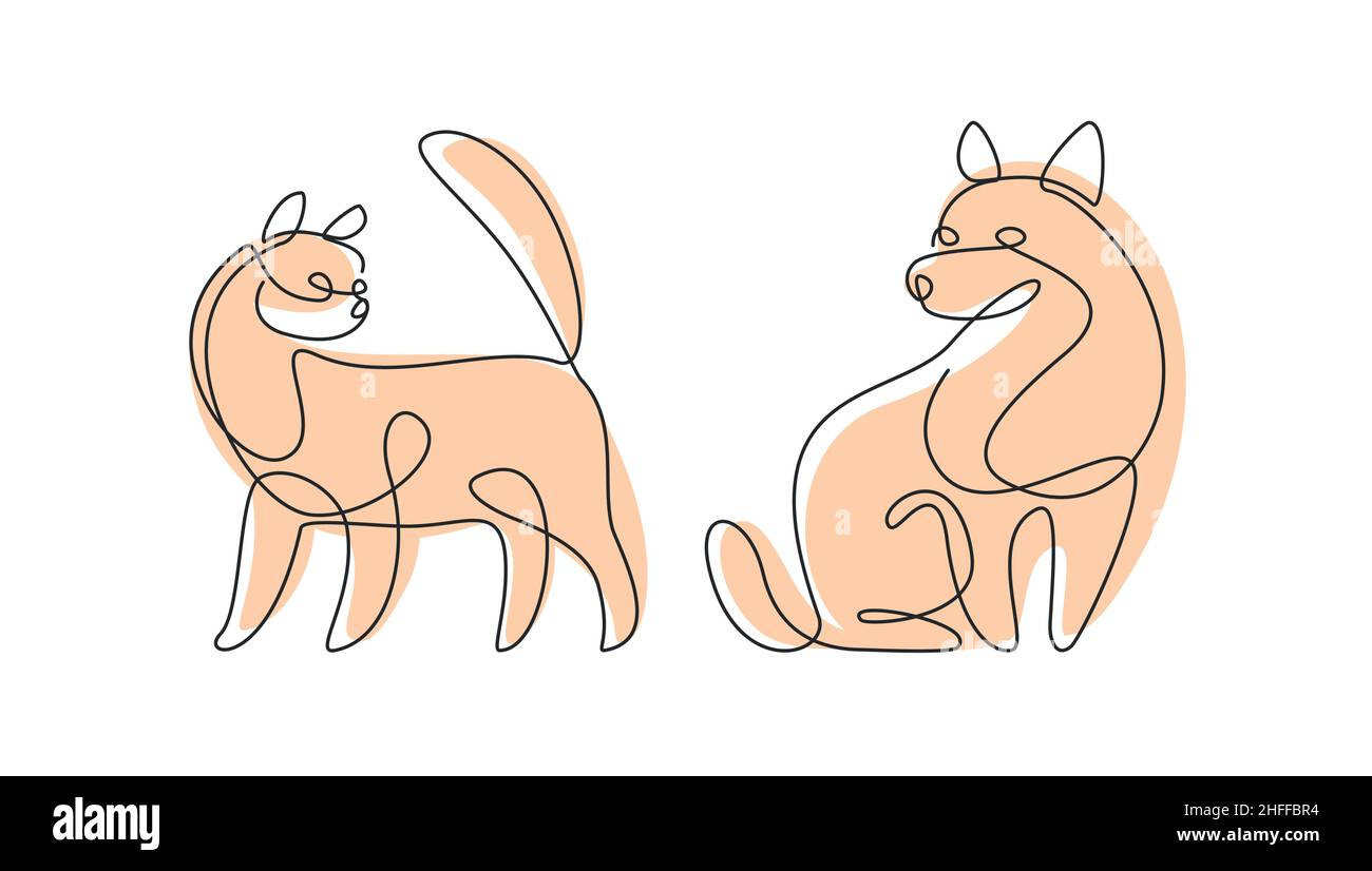 Continuous line drawing set of Pets. Dog and Cat one line illustration ...