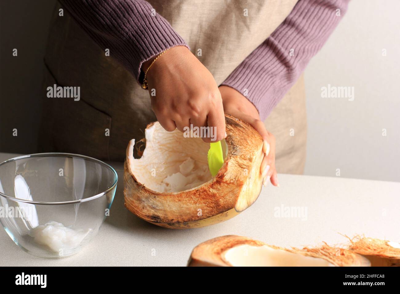 Female Hand Scooped Coconut Meat, Preparation Making Dessert Stock ...