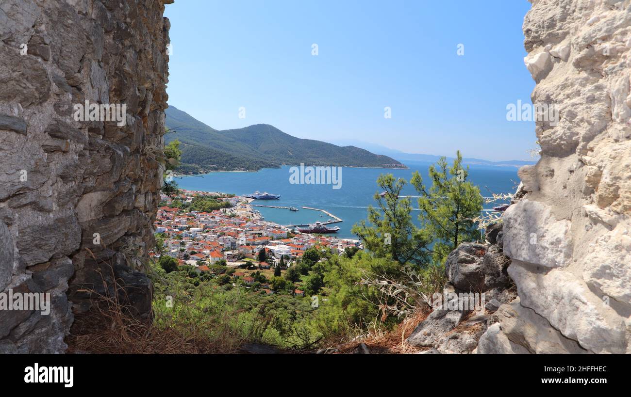 Top view of Limenas city and it's harbor from the Acropolis of Ancient ...