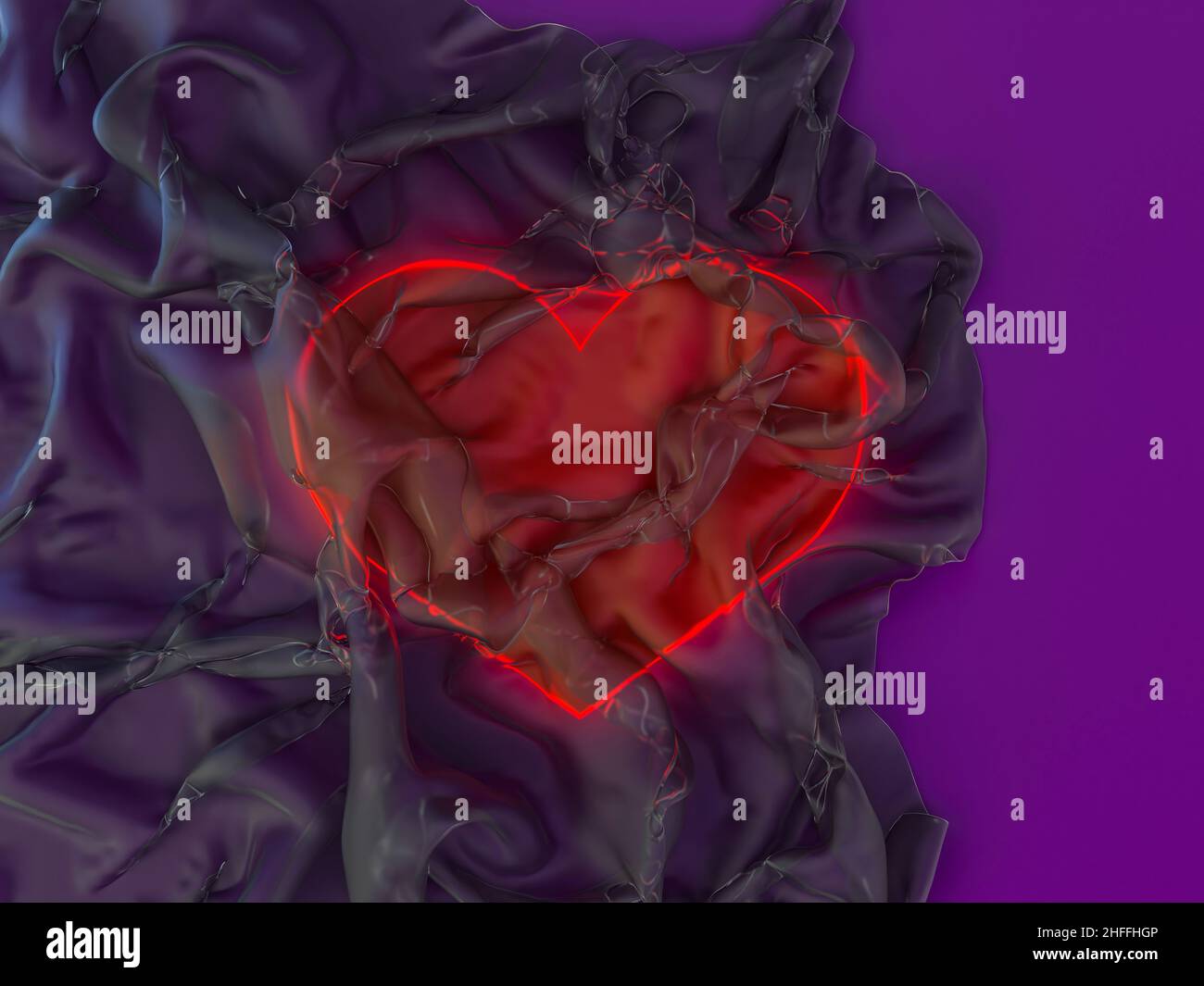 Red glowing heart covered with transparent fabric, symbol of love. 3D ...