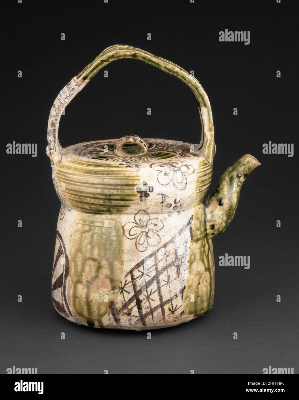 Oribe-Type Ewer, early 17th century. Greenish brown ceramic kettle with ...