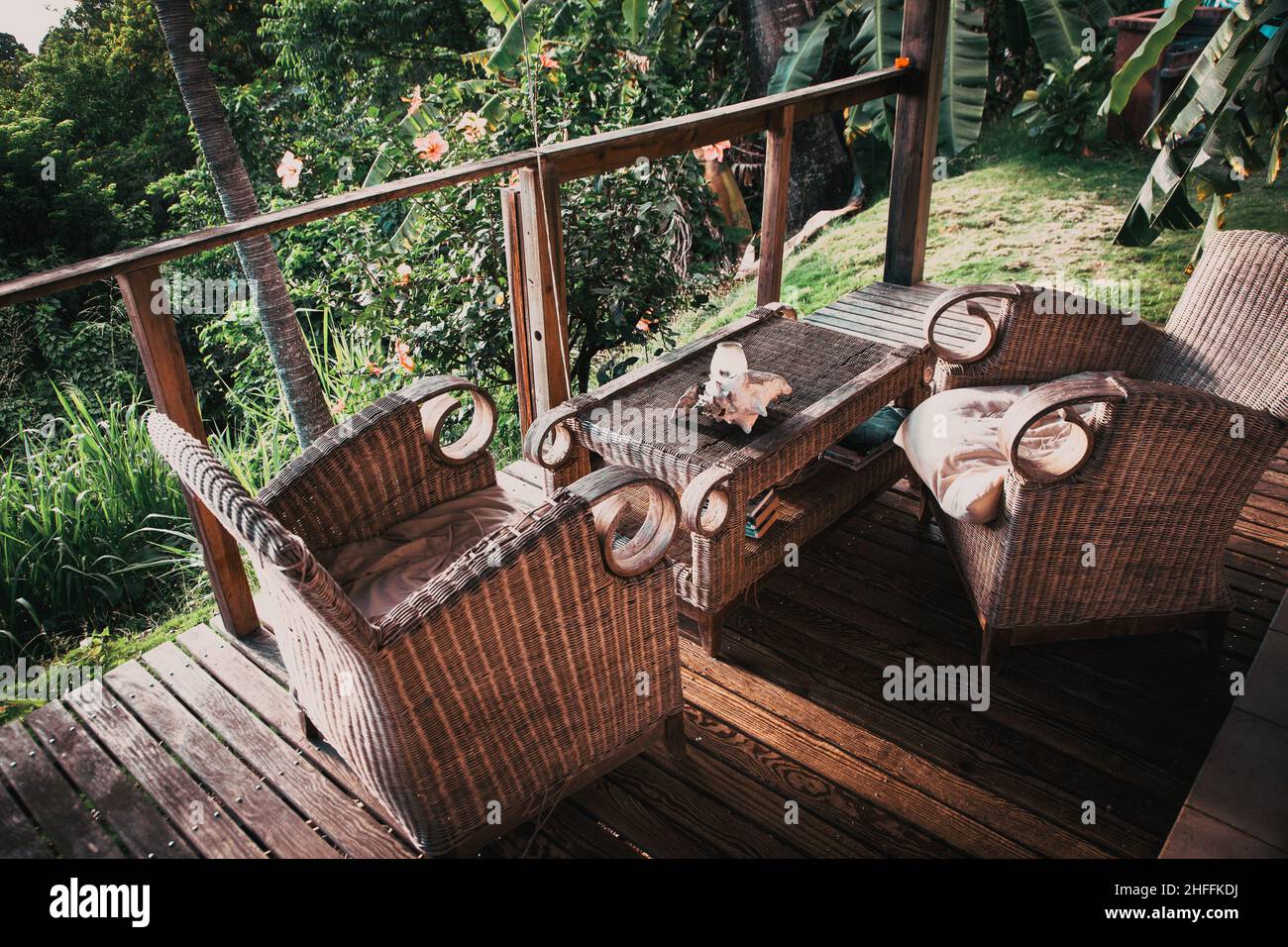 beautiful terrace with wooden chairs in the jungle Stock Photo - Alamy