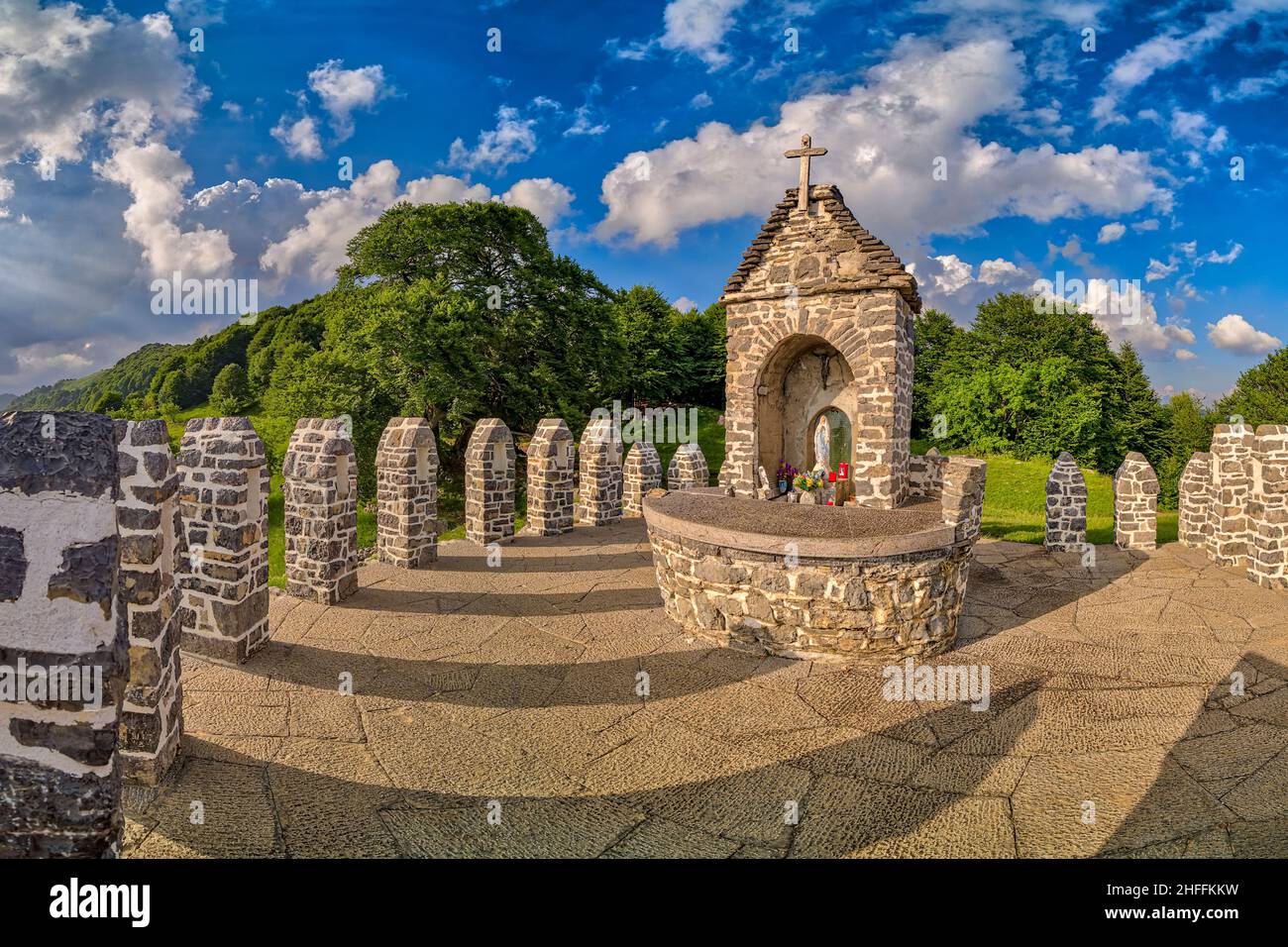 Panoramic view of the celtic looking little shrine at Tre Faggi, 3 ...
