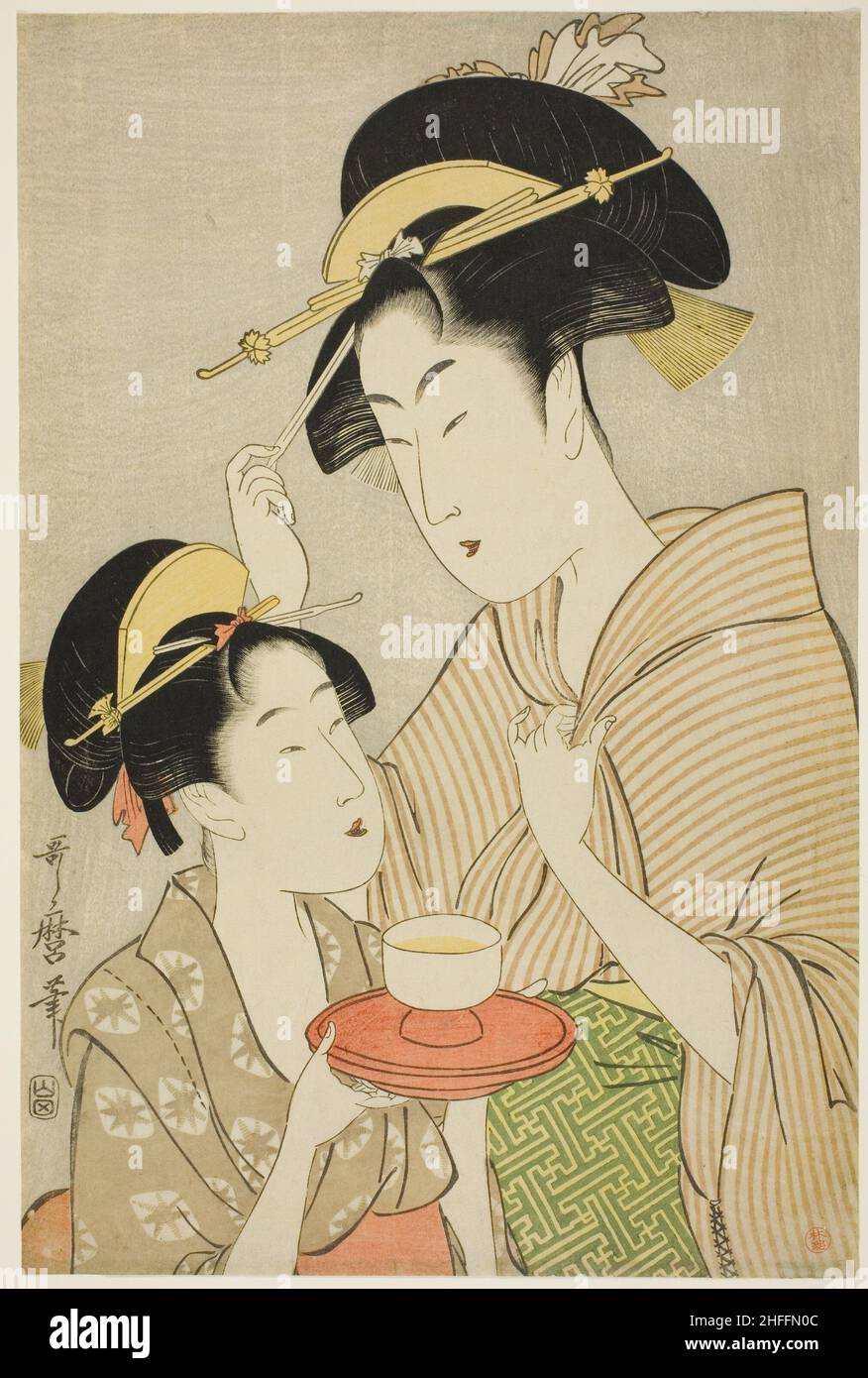 A Young Girl Offering Tea to Another Woman, Japan, c. 1797 Stock Photo ...