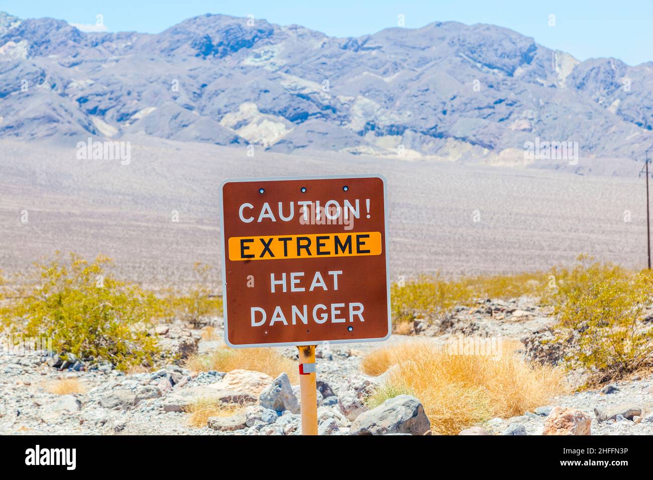 A road sign in Death Valley warning travelers of Caution Extreme Heat ...