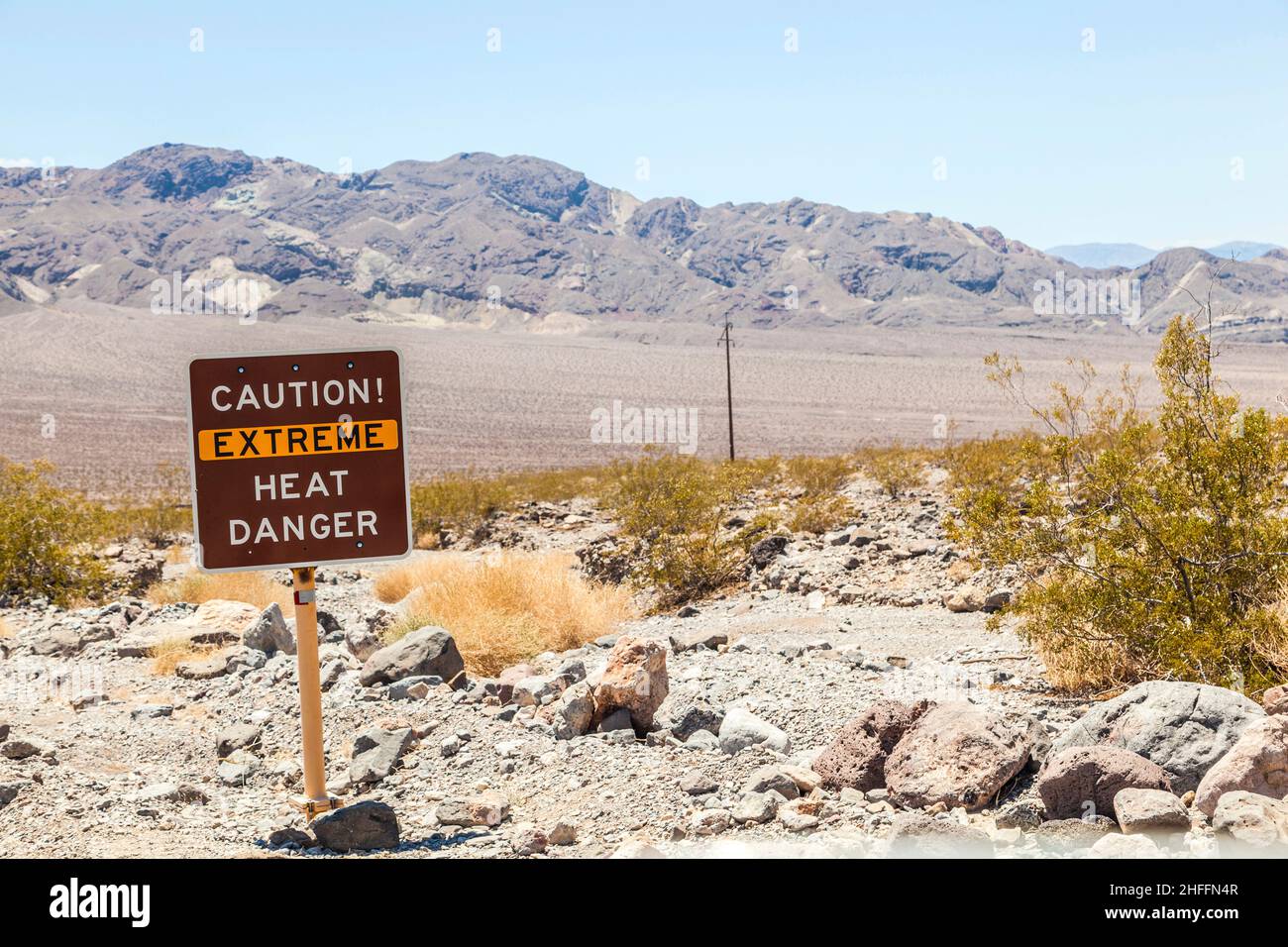 A road sign in Death Valley warning travelers of Caution Extreme Heat ...