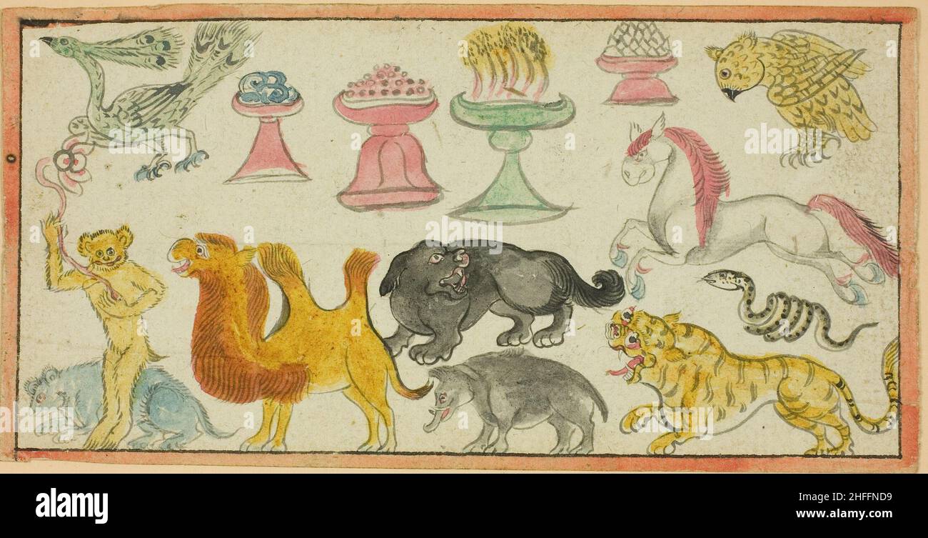 Page from a Manuscript with Images of Auspicious Animals and Offerings ...