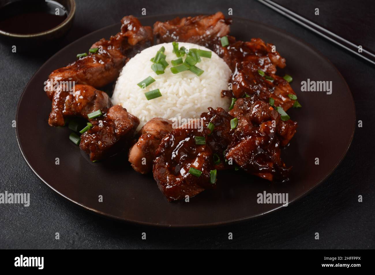 Homemade Filipino Adobo Pork with White Rice. Close-up shot of Filipino ...