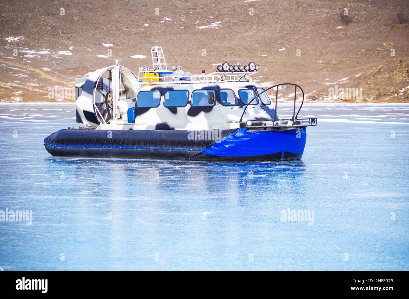 Hovercraft on Lake Baikal. Airboat, winter transport extreme ...