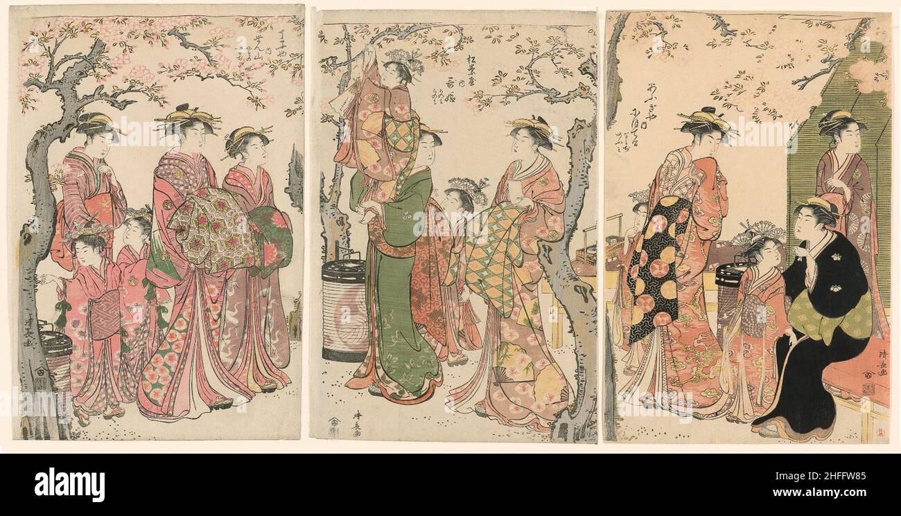 Courtesans and Their Child Attendants under Blossoming Cherry Trees ...