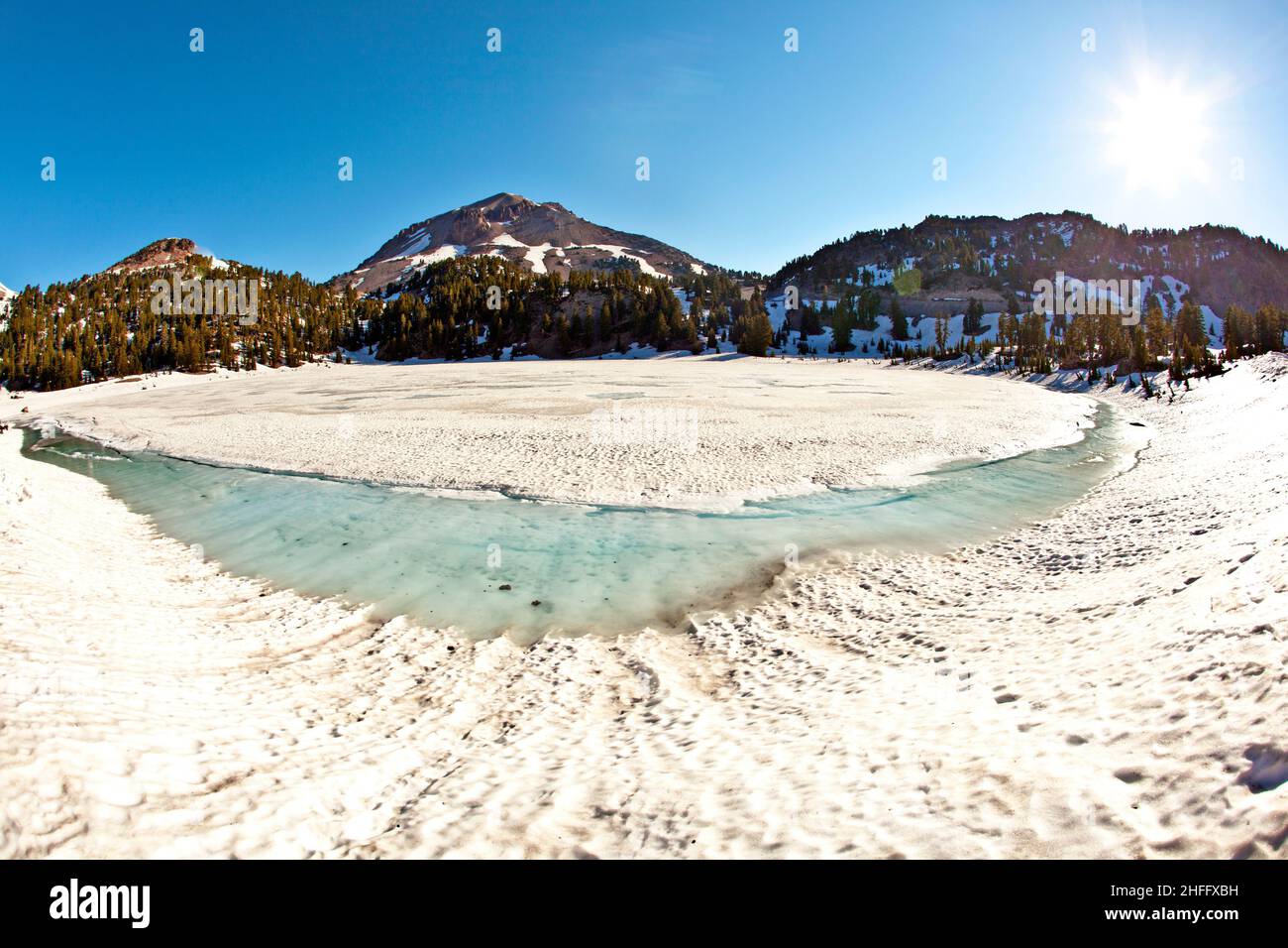 crater lake with snow on Mount Lassen in the national park Stock Photo ...