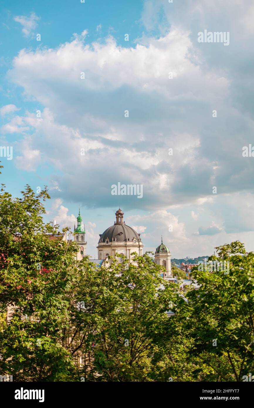Beautiful landscape view of old town lviv city center on sunset. Lviv ...