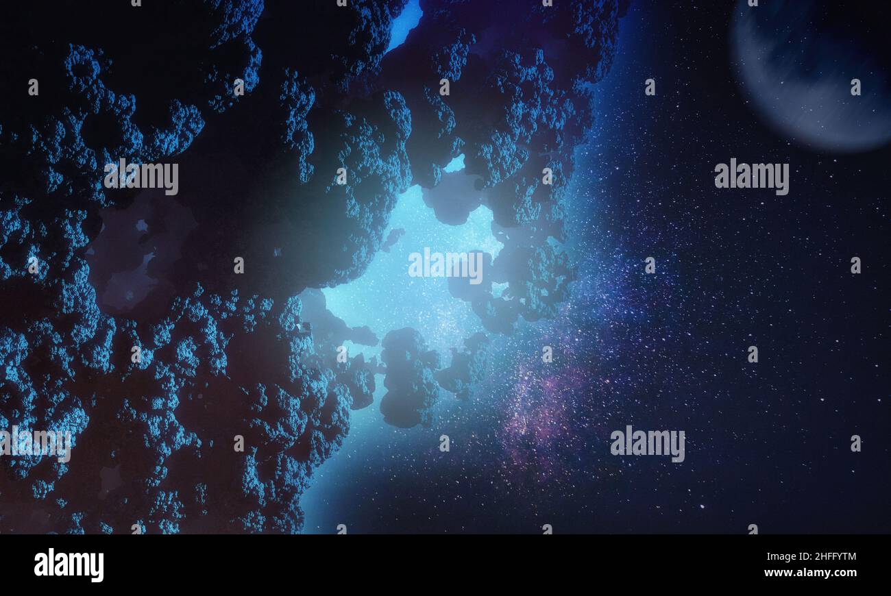 Fantastic view of space, the universe with a part of an asteroid and a ...