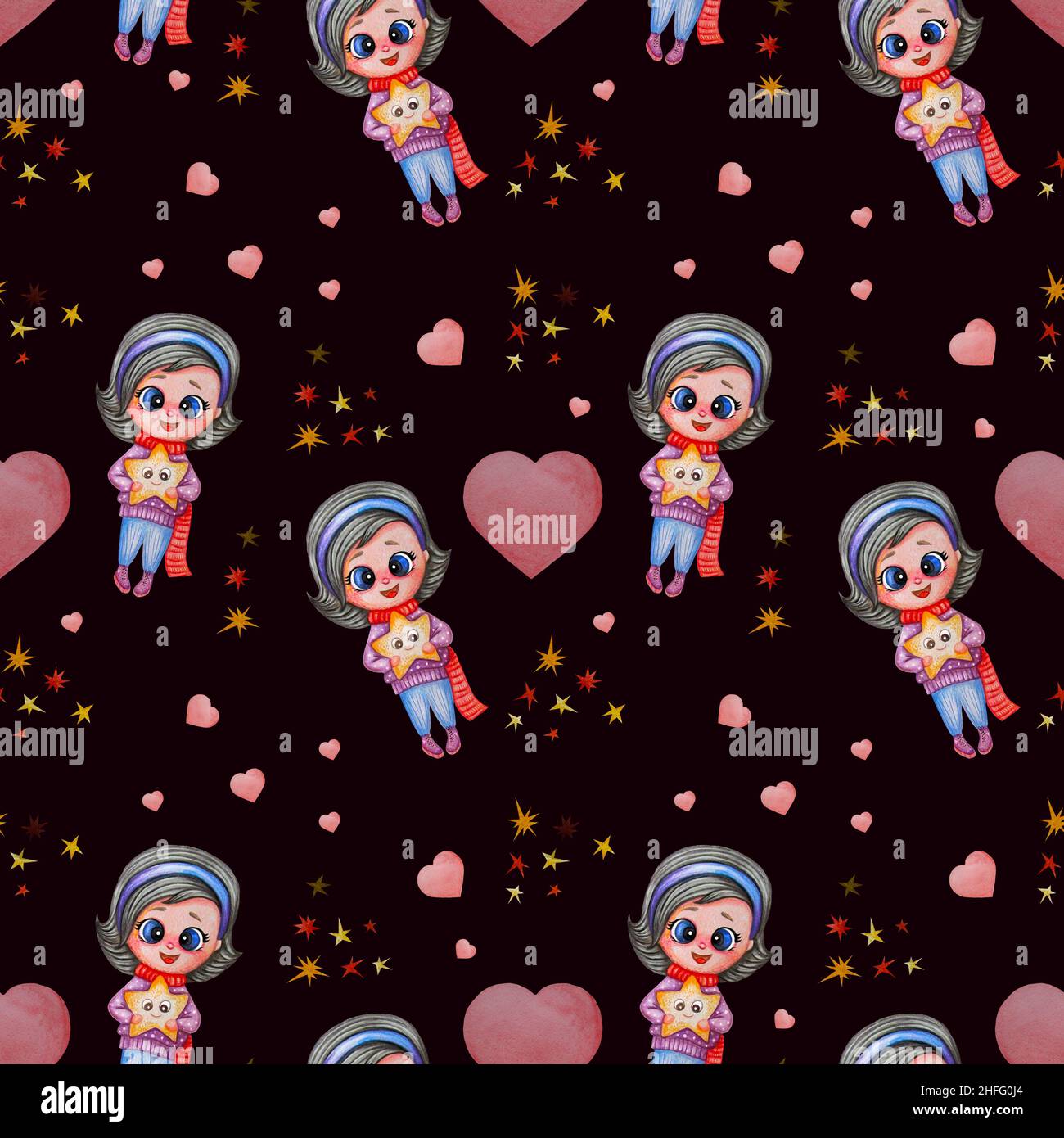 Seamless baby pattern. Cute girl in winter clothes with star on ...