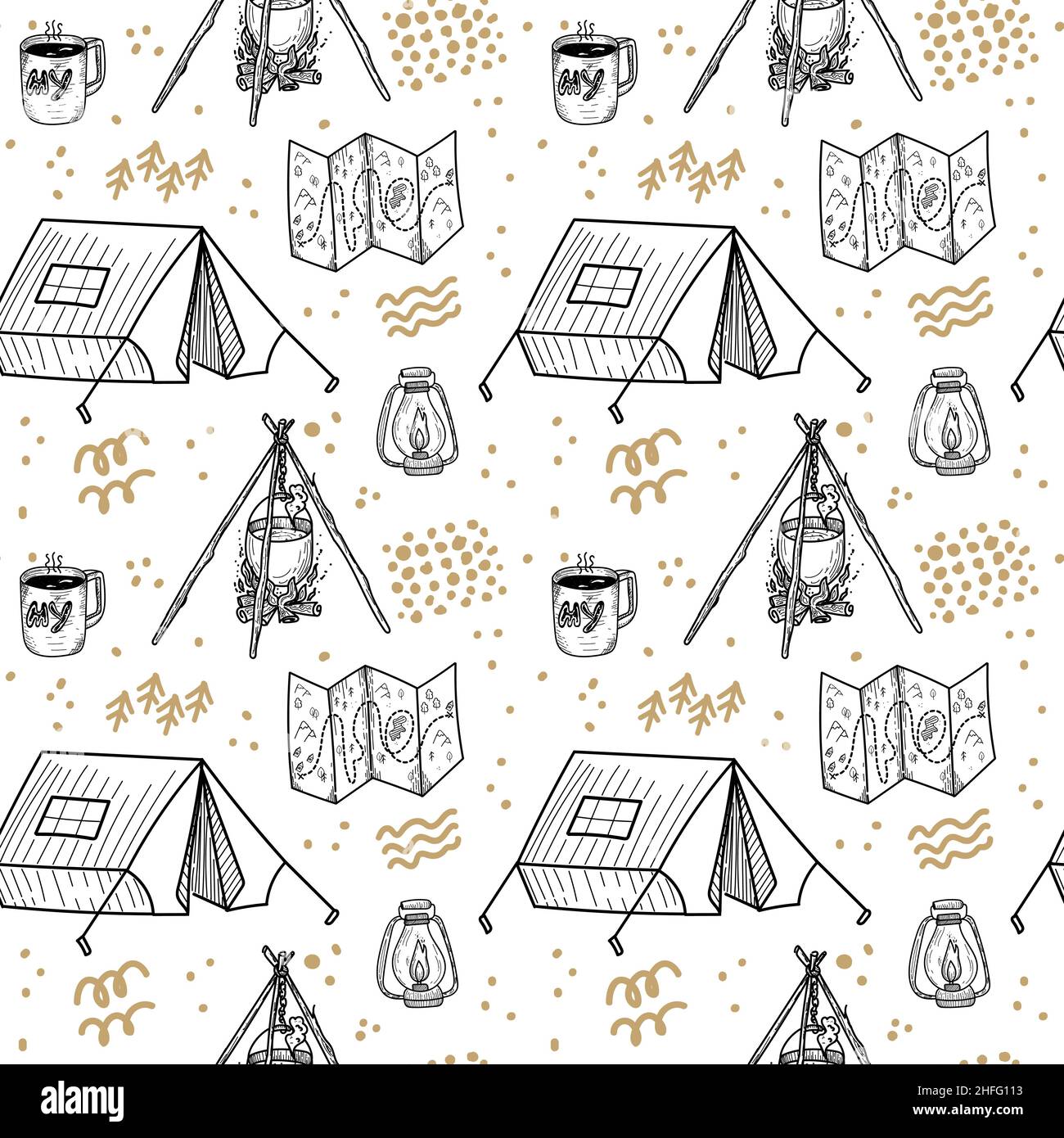 Hand drawn camping elements seamless pattern. Camping background ... Hand drawn camping elements seamless pattern. Camping background ...