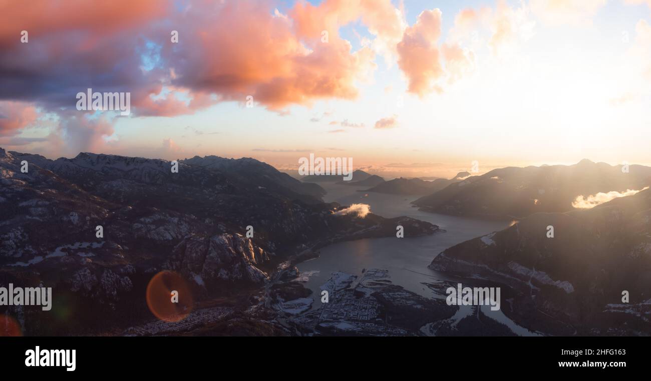 Aerial View of a small city, Squamish, in Howe Sound during winter ...