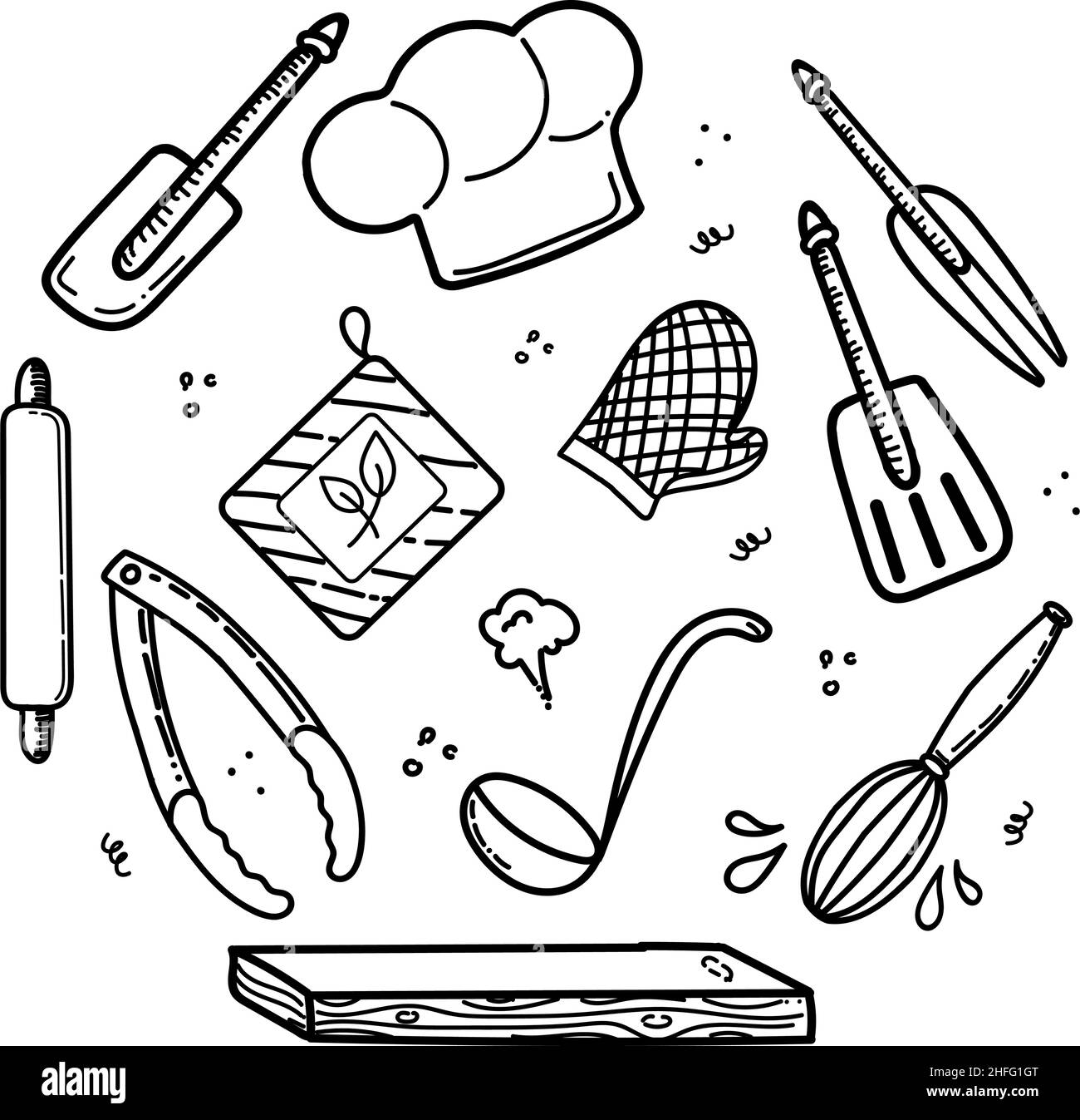 Hand-drawn chef's tools and doodle-style clothing. Chef's hat, oven ...