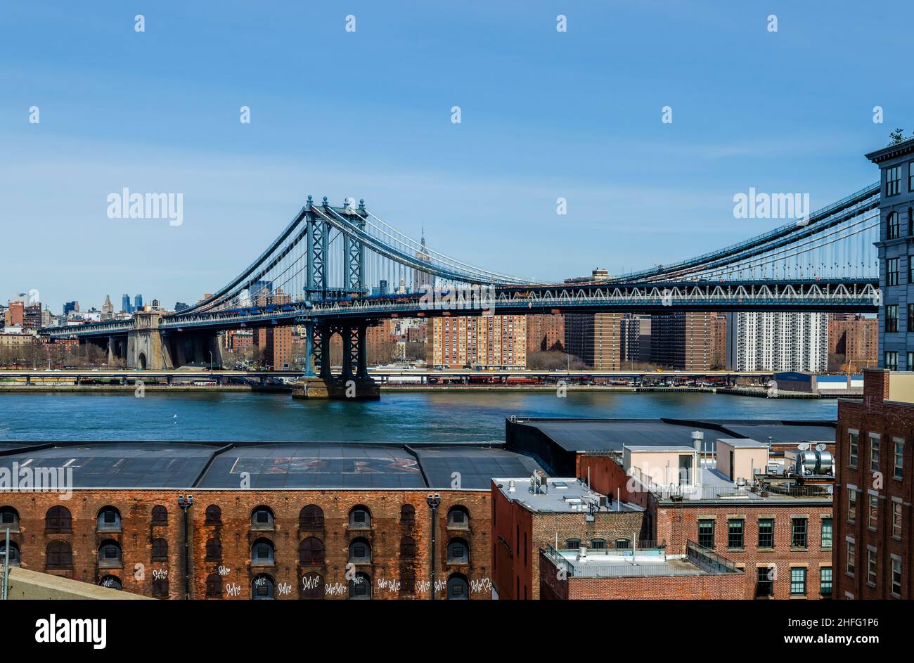 Side view of Manhattan Bridge in New York City, during daylight, usa ...