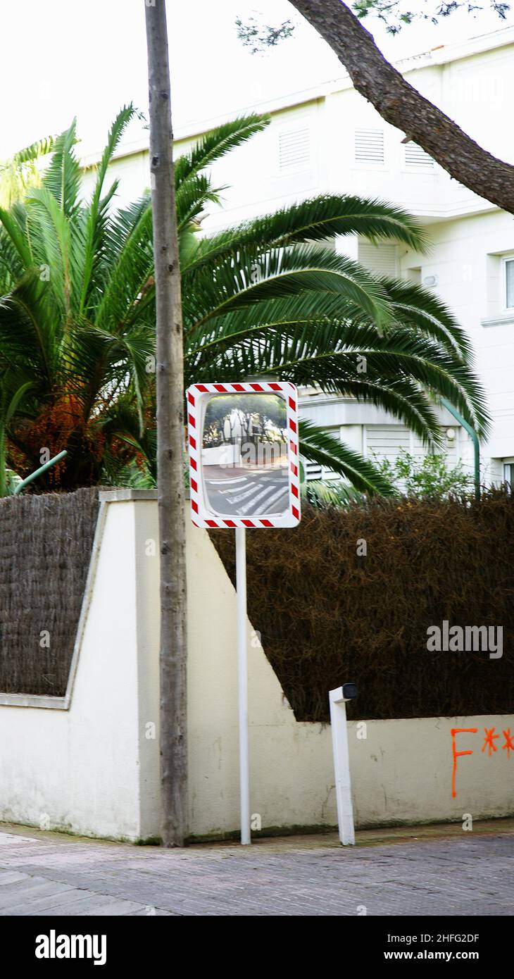 Traffic control mirror on a street corner in Gava, Barcelona, Catalunya ...