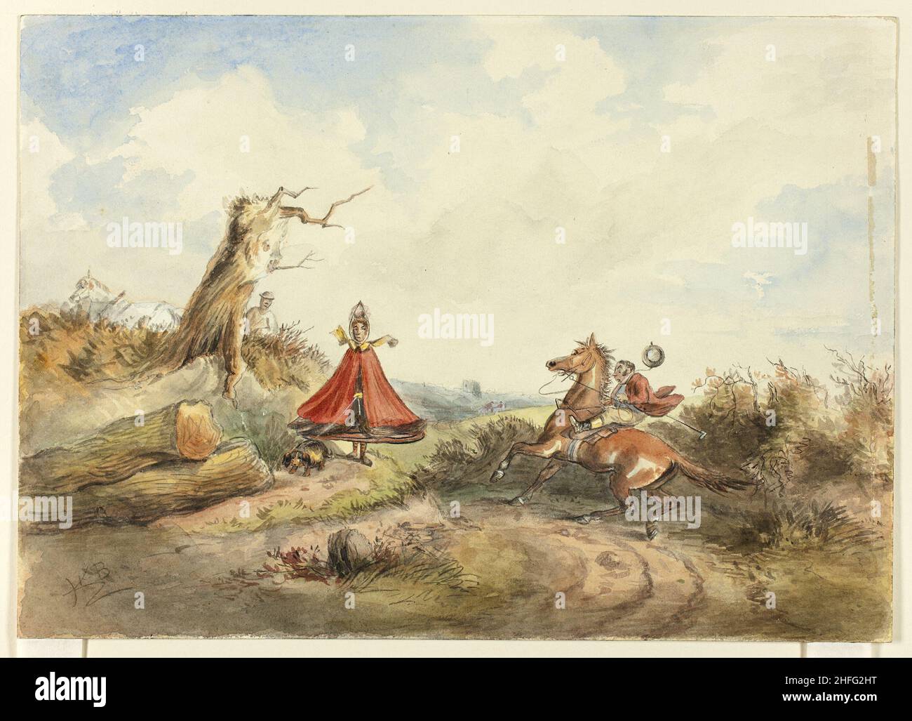 Horse with Rider Shying Away From Woman with Dog, c. 1860 Stock Photo ...