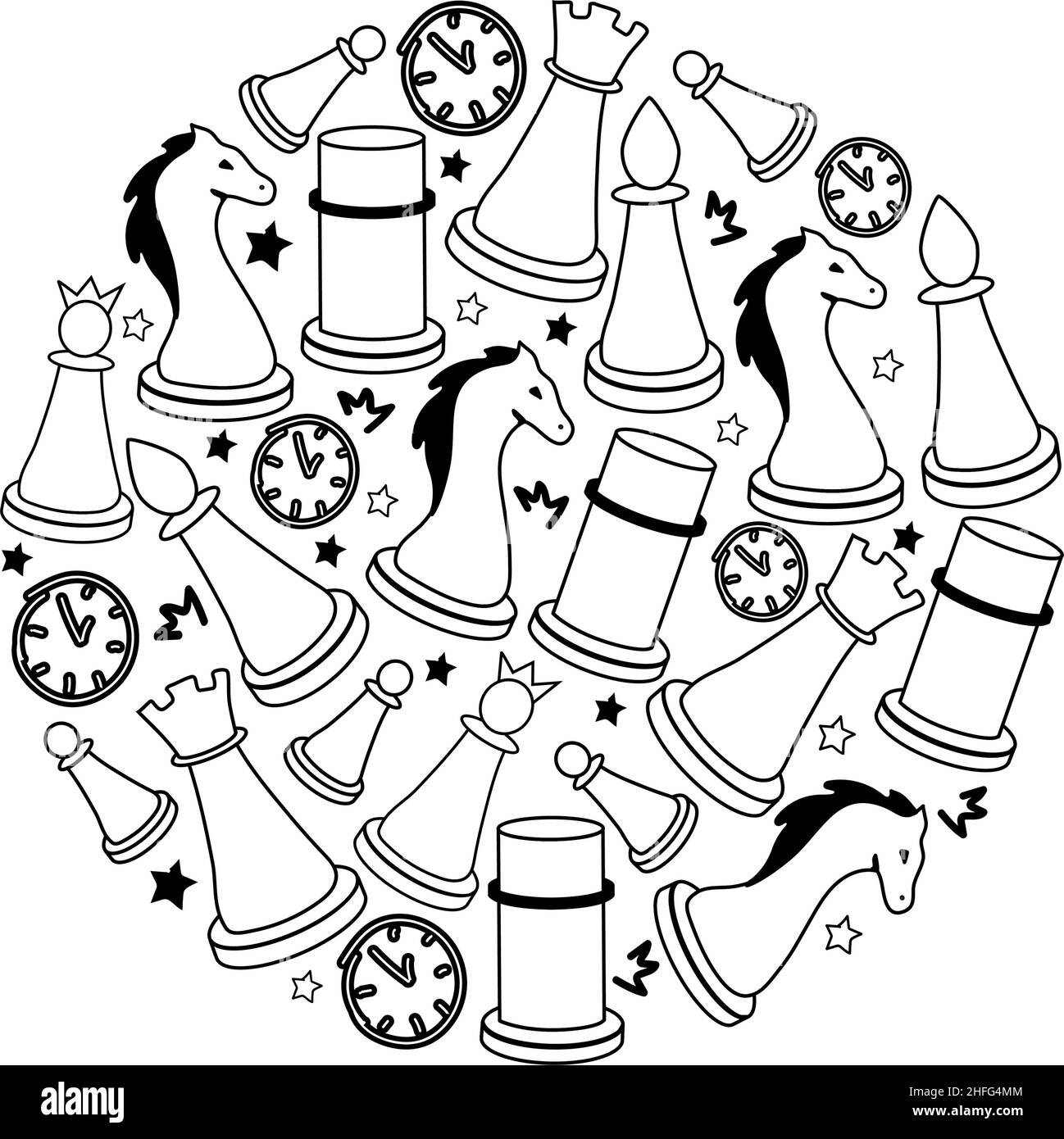 Doodle sketch style. A hand-drawn set of chess elements arranged in a ...