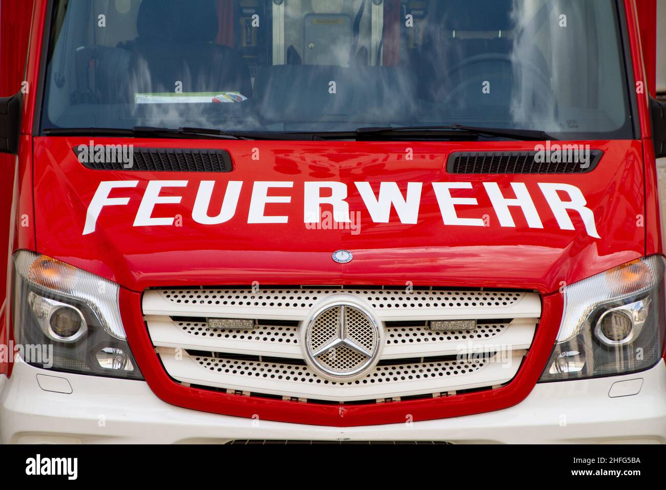 Vienna, Austria, July 21, 2021. Hood of a fire truck with inscription ...