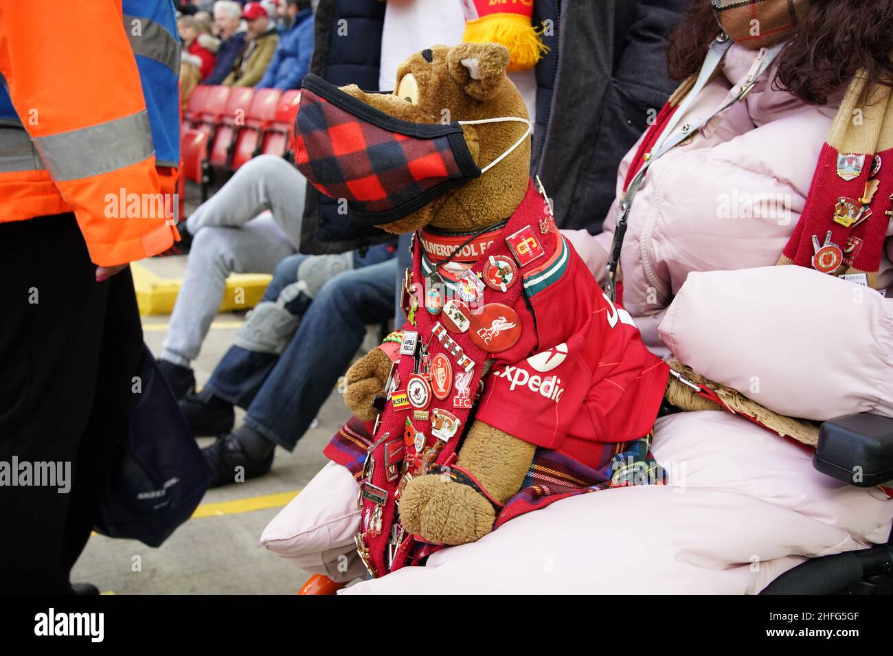 A Liverpool fan with a Scooby Doo plush toy covered in Liverpool pin ...