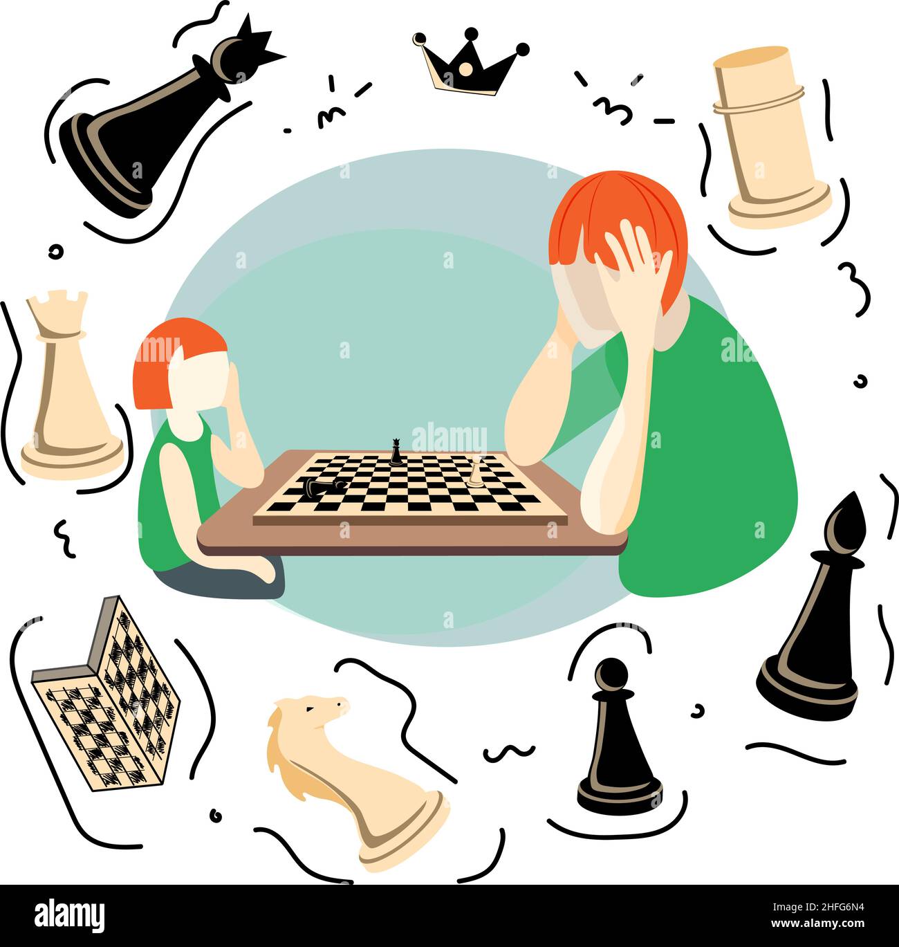 Hand-drawn people at a game of chess. Set of cartoon chess game, chess ...