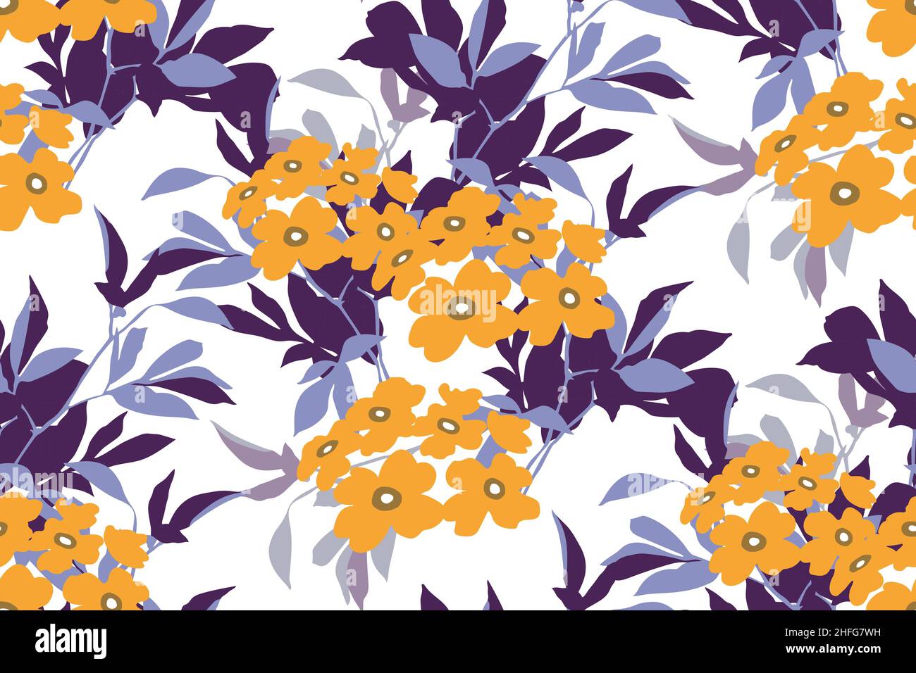 Vector floral seamless pattern. Yellow flowers, purple and lilac twigs ...