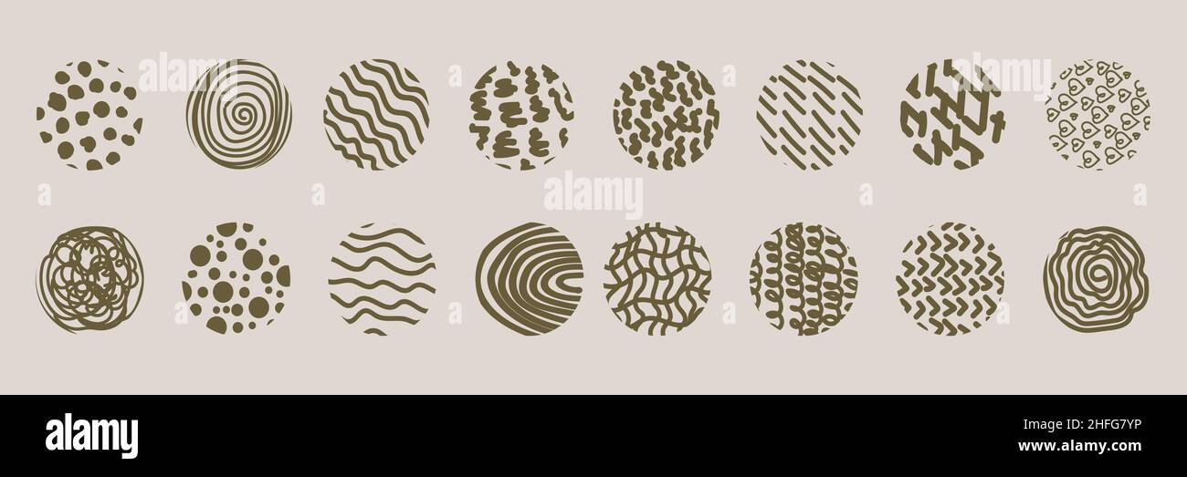 Large set of round abstract emerald backgrounds or patterns. Hand-drawn ...