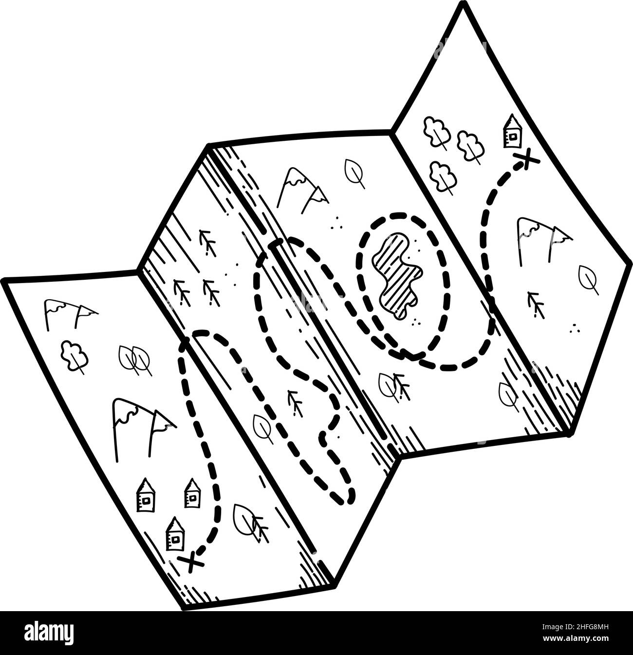 Hand-drawn route. Paper folding map with route editable doodle hand ...