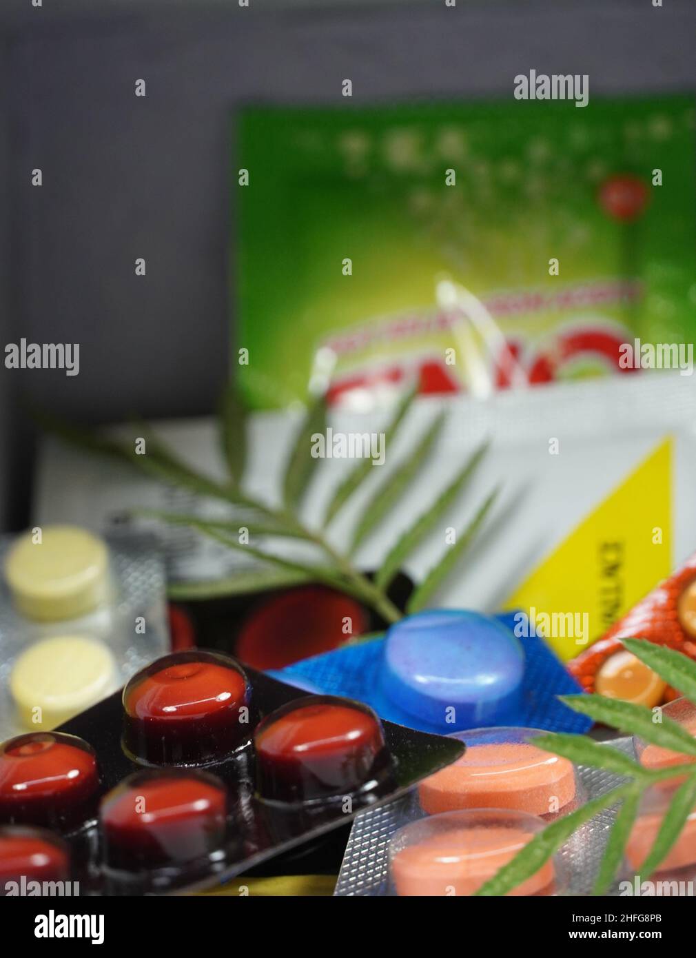 medicinal tablets with leaf nature symbol - medical concept Stock Photo ...