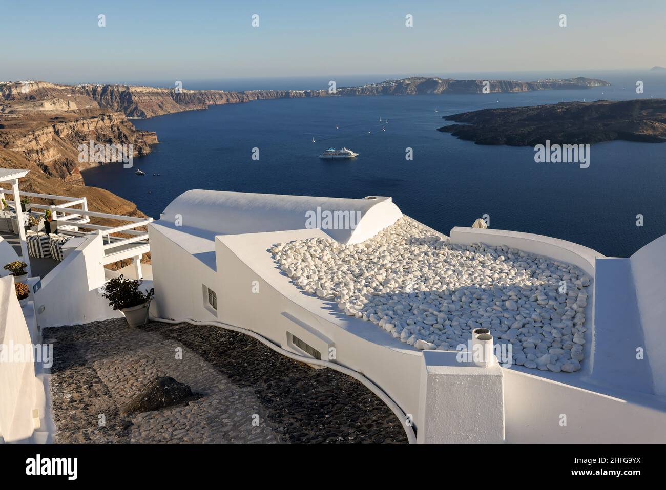 Panoramic view of the Santorini caldera cliffs from the Imerovigli ...