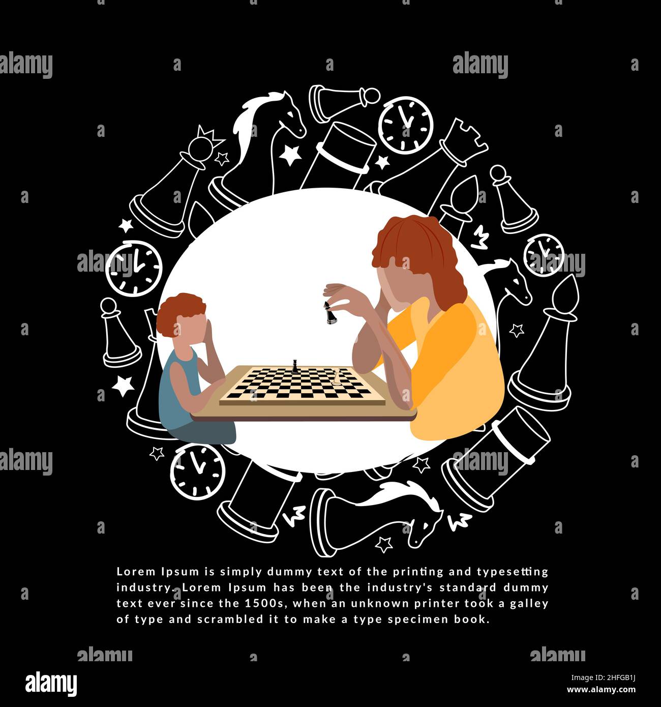 Doodle sketch style. A hand-drawn set of chess elements. People playing ...