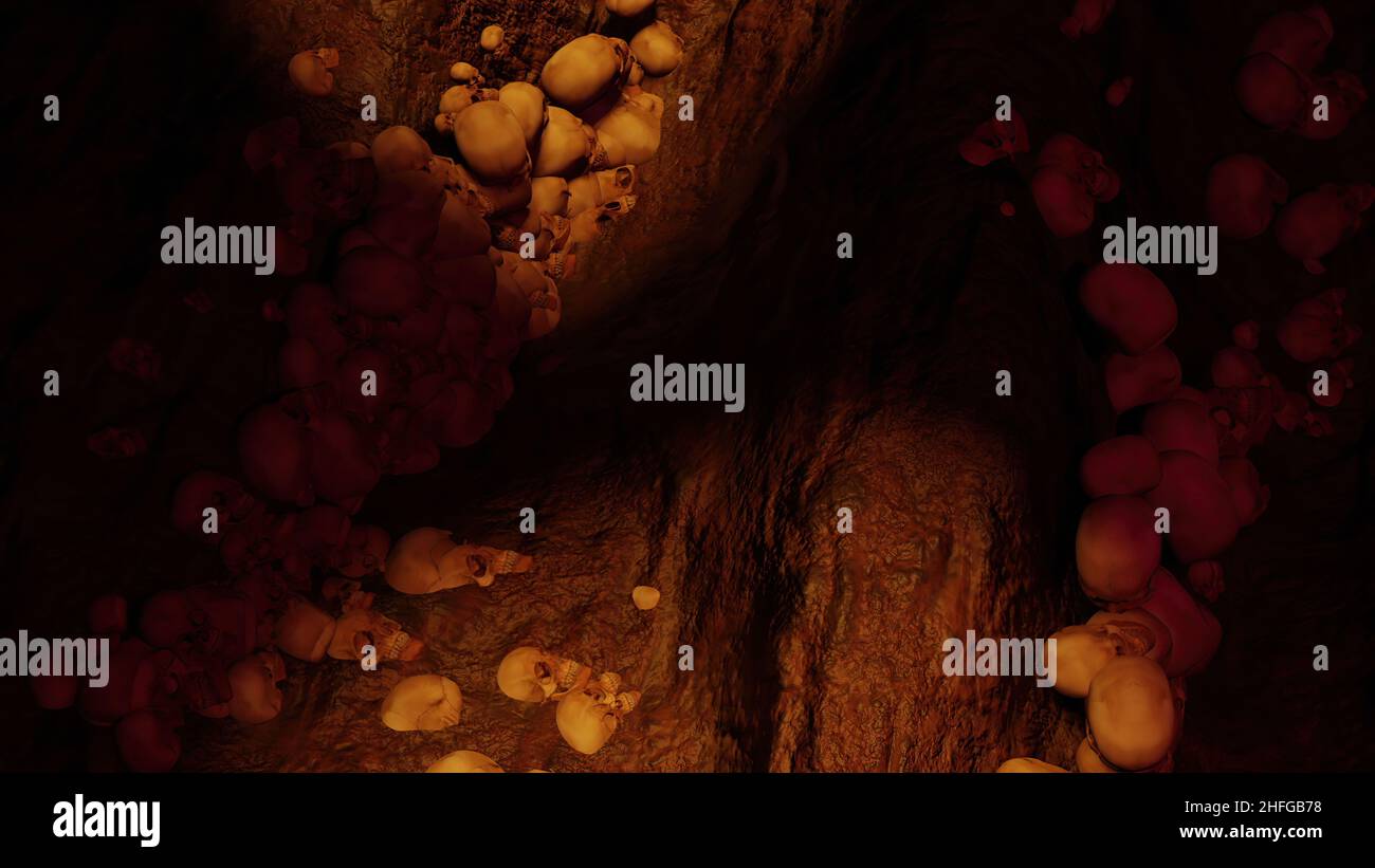 3d illustration - Old human skulls left over from the battle. The ...