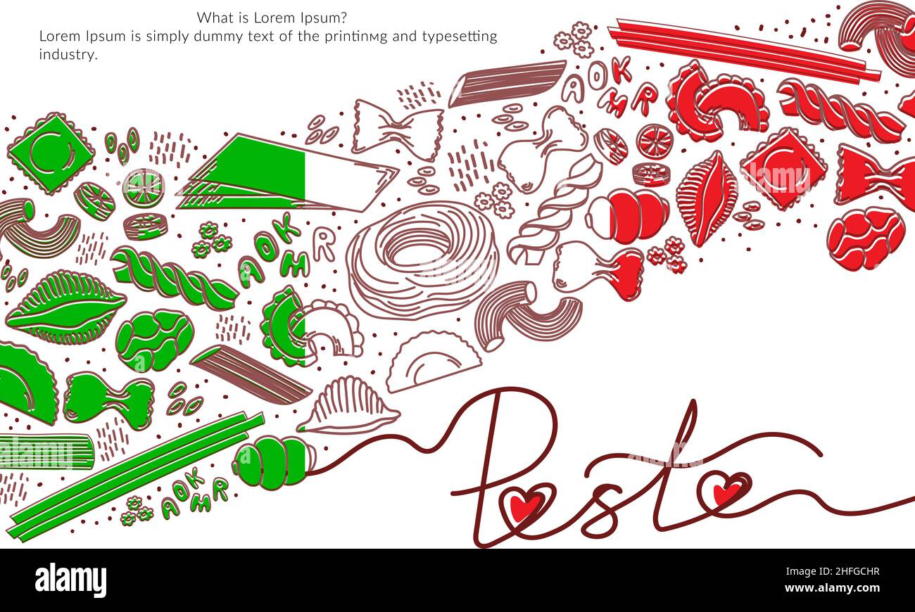 Set of pasta products. Different kinds of pasta in the color of the ...