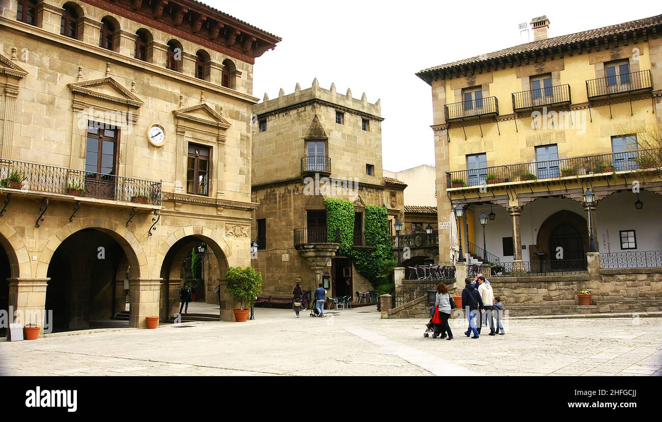 Spanish town square in Barcelona, Catalunya, Spain, Europe Stock Photo ...