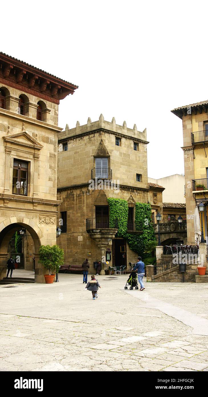 Spanish town square in Barcelona, Catalunya, Spain, Europe Stock Photo ...