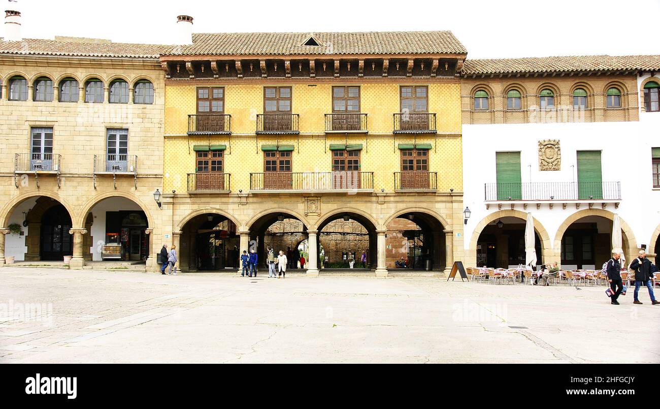Building with arcade in the Spanish town square in Barcelona, Catalunya ...