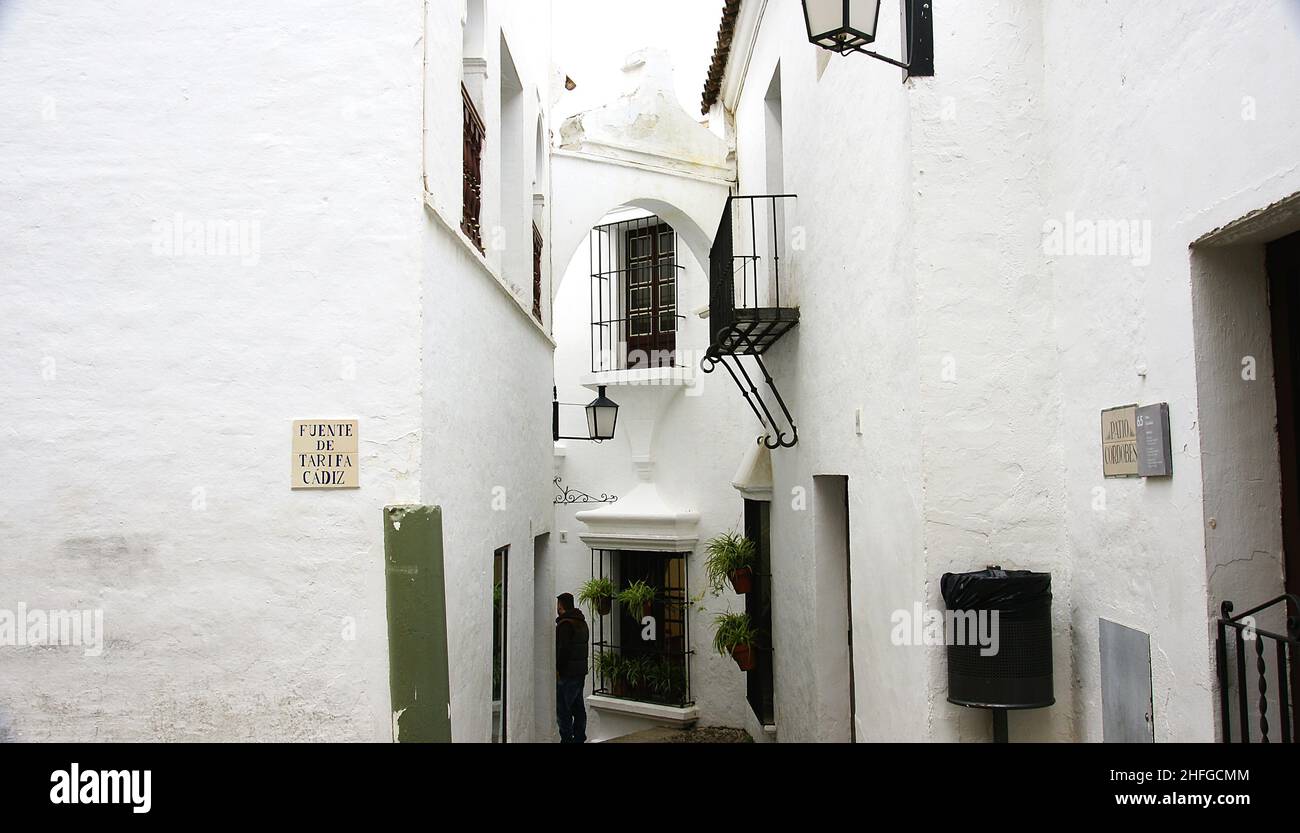 Typical narrow street of the Spanish Village of Barcelona, Catalunya ...
