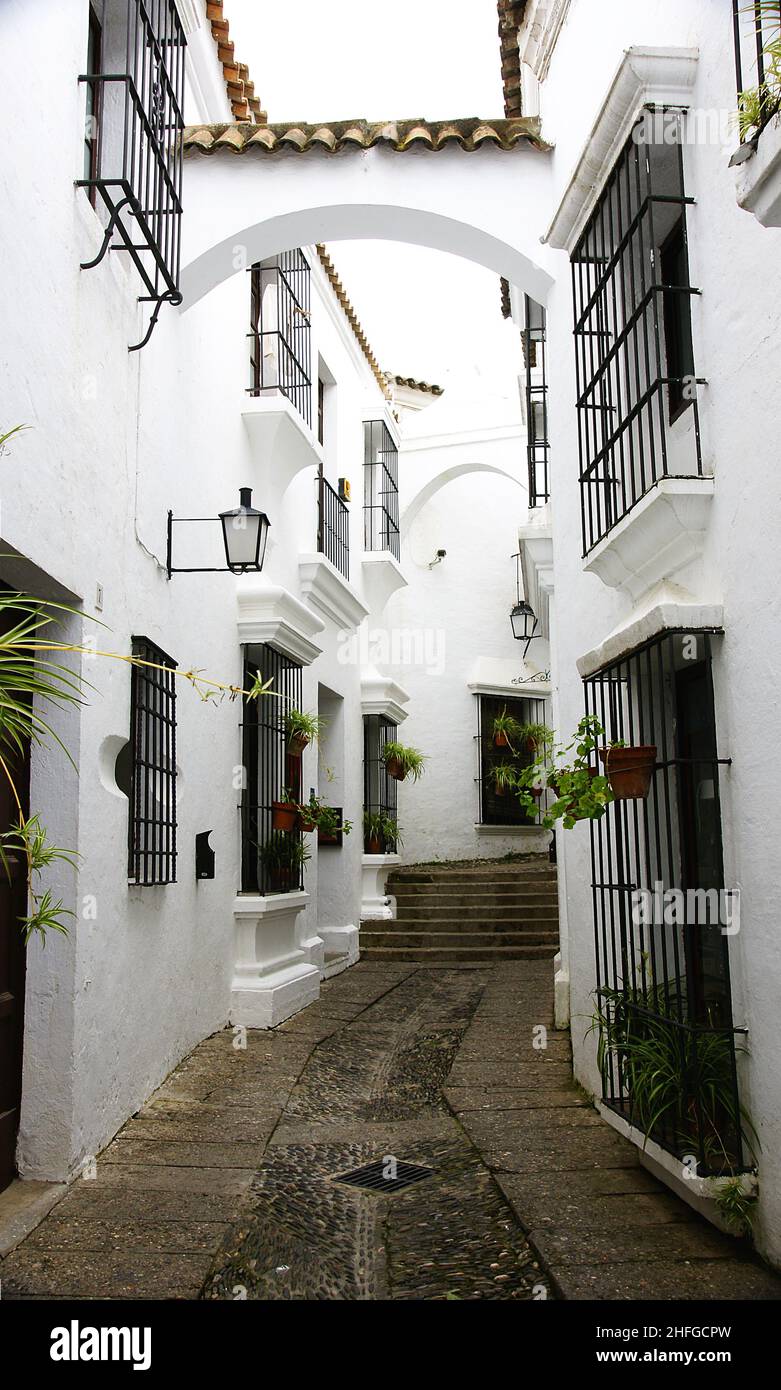 Typical narrow street of the Spanish Village of Barcelona, Catalunya ...