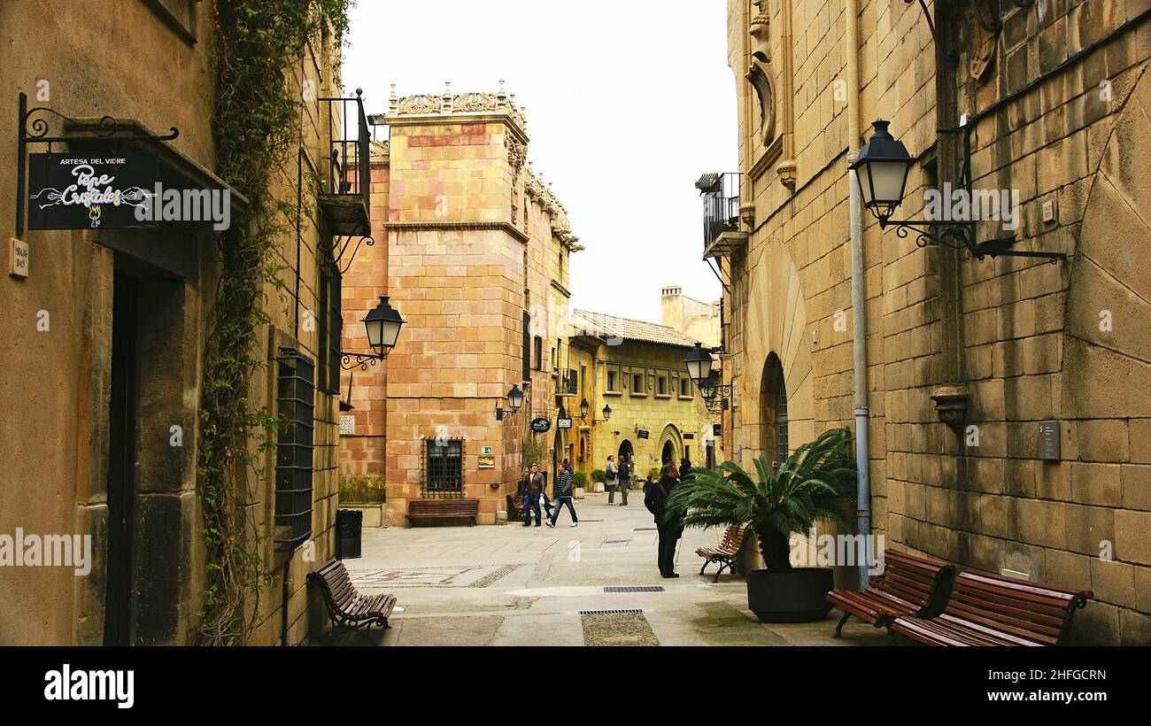 Spanish town square in Barcelona, Catalunya, Spain, Europe Stock Photo ...