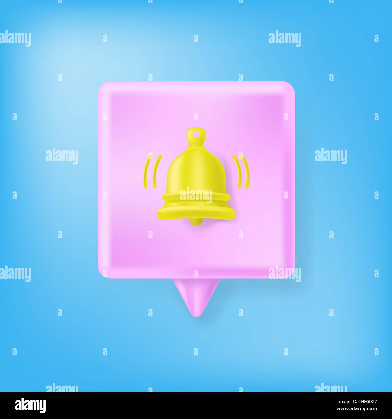 Yellow or Gold Bell Icon and Pink Speech Bubble on Blurred Blue ...