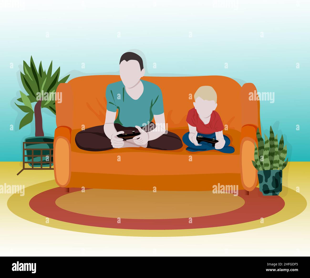 Family: father and son playing video games on the couch in the room ...